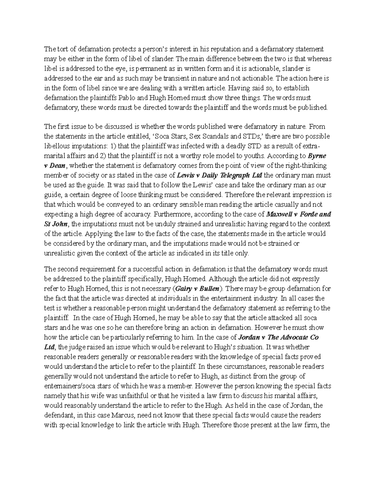 Defamation - notes - The tort of defamation protects a person’s ...