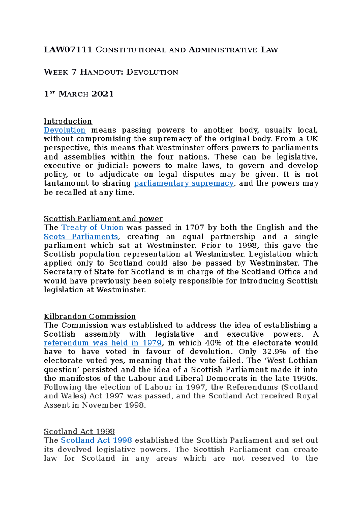 Week 7 Handout Lecture 7 Devolution Law07111 Constitutional And Administrative Law Week 7