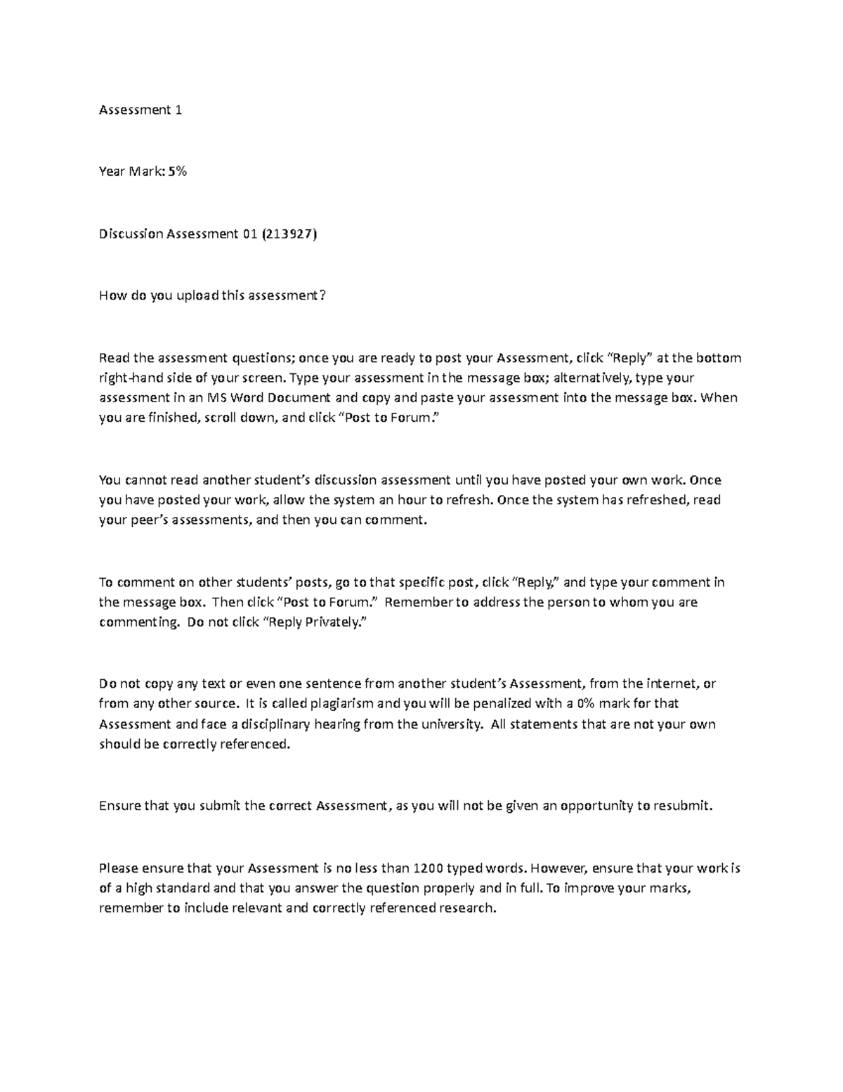 Afl assesement 1 - assignment 1 - Assessment 1 Year Mark: 5% Discussion Assessment 01 (213927 ...