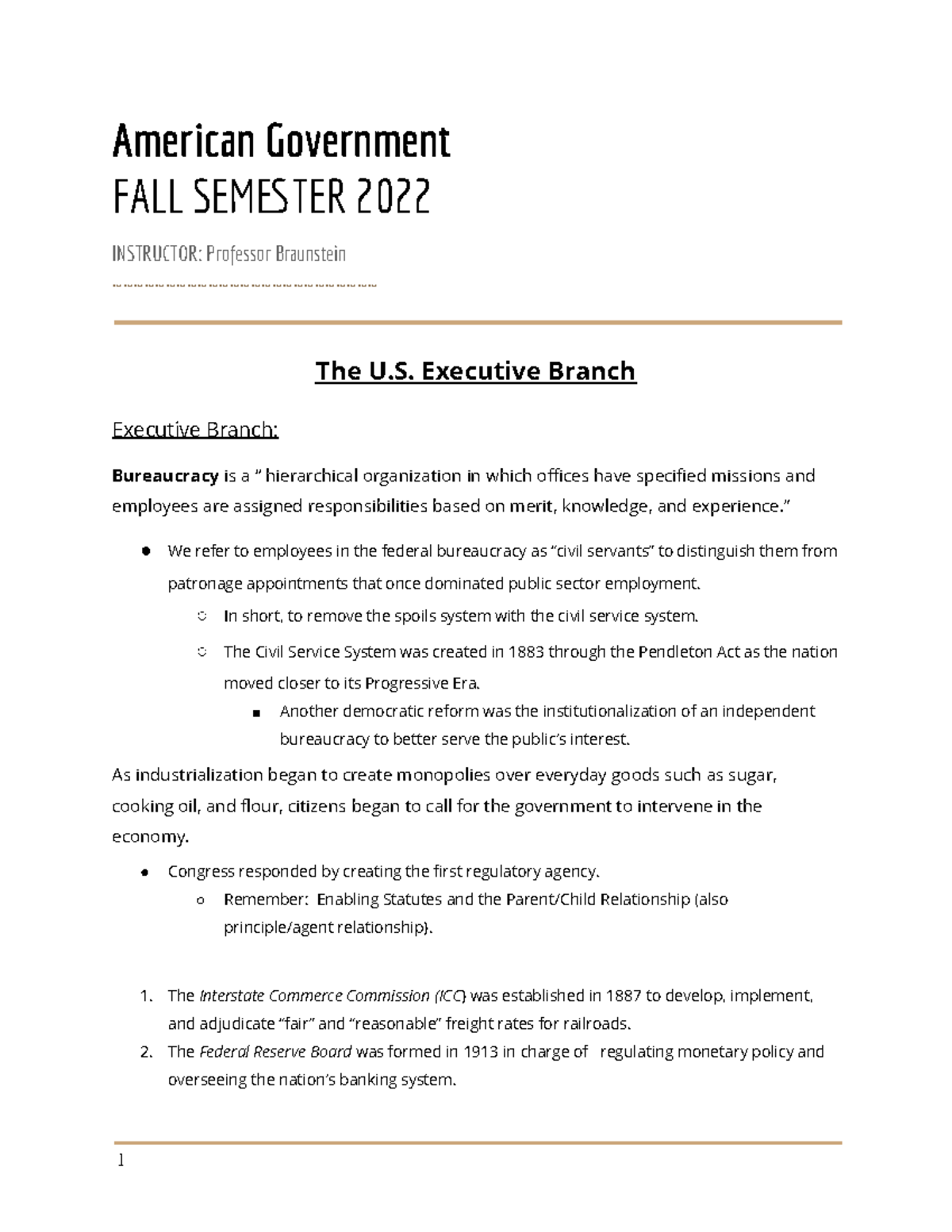 Class notes Executive Branch - American Government FALL SEMTER 2022 ...