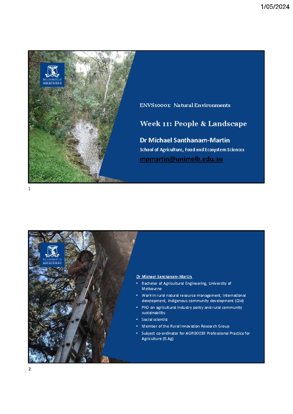 ENVS10001 People and Landscape 2024 - 1 ENVS10001: Natural Environments Week 11: People & - Studocu