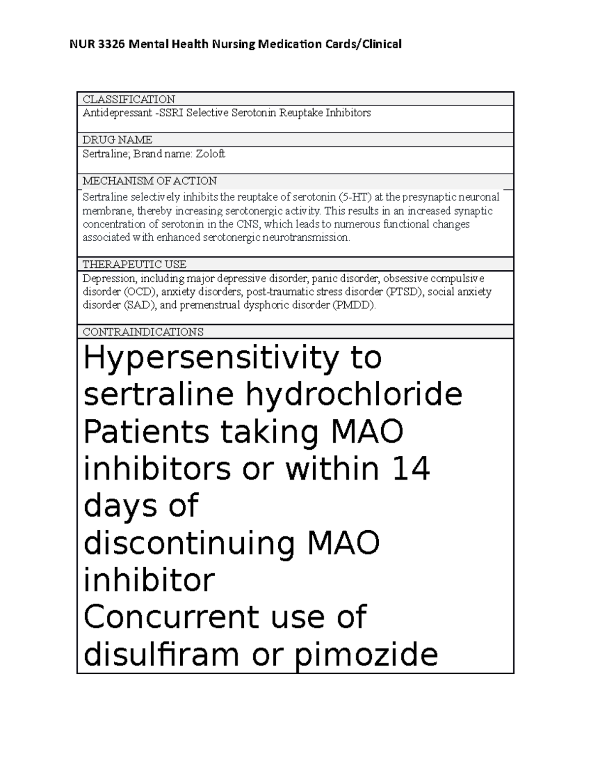 Medication Card Sertraline - CLASSIFICATIONAntidepressant -SSRI ...