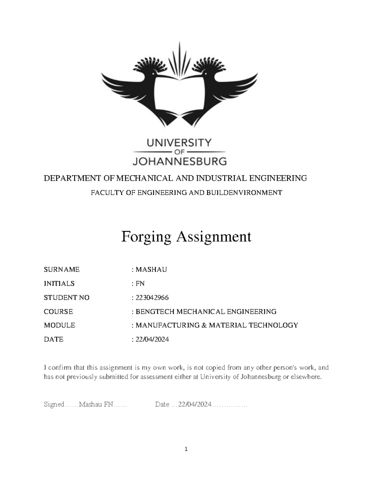 Mashau FN 223042966 Assignment 2 Forging - DEPARTMENT OF MECHANICAL AND INDUSTRIAL ENGINEERING ...