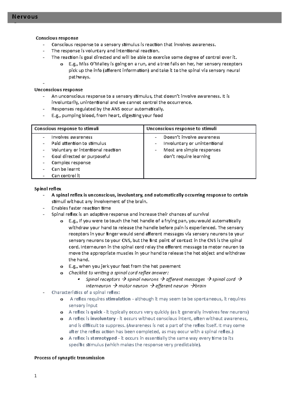Nervous System chapter 2 summery notes - Conscious response - Conscious ...