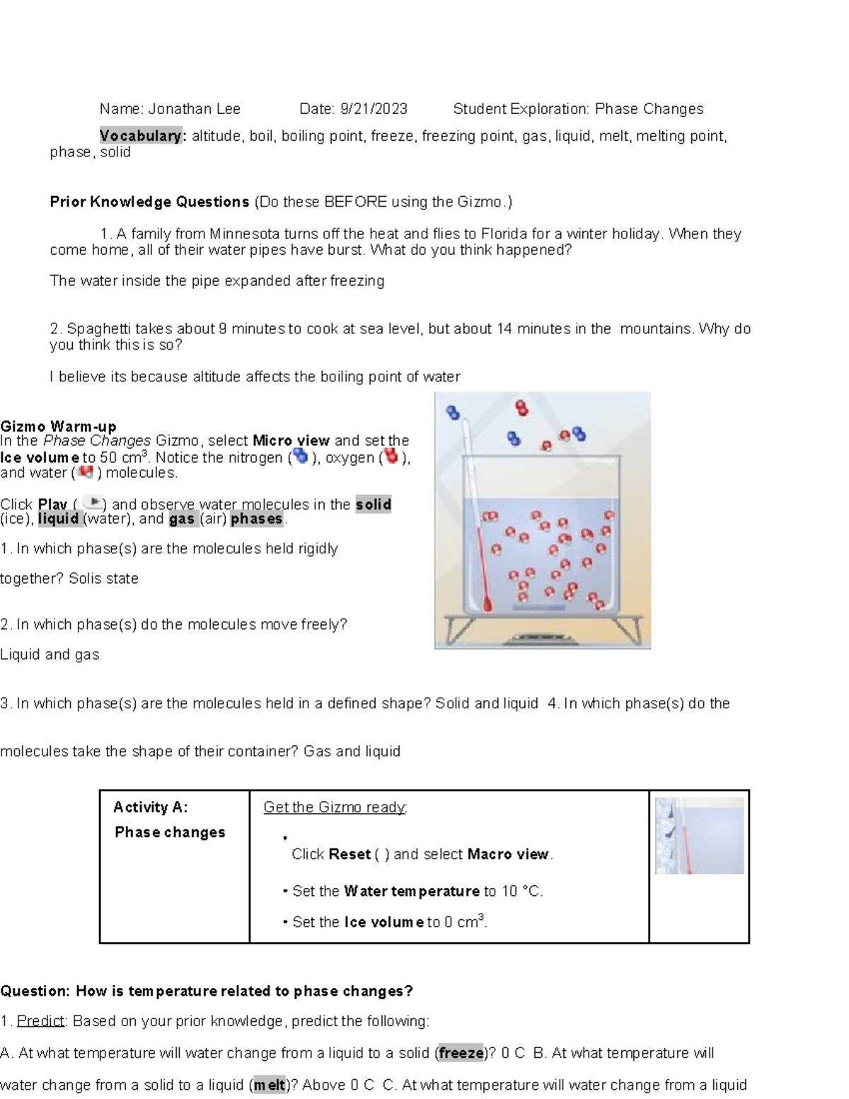 Student Exploration Phase Changes - Name: Jonathan Lee Date: 9/21/2023 Student Exploration ...