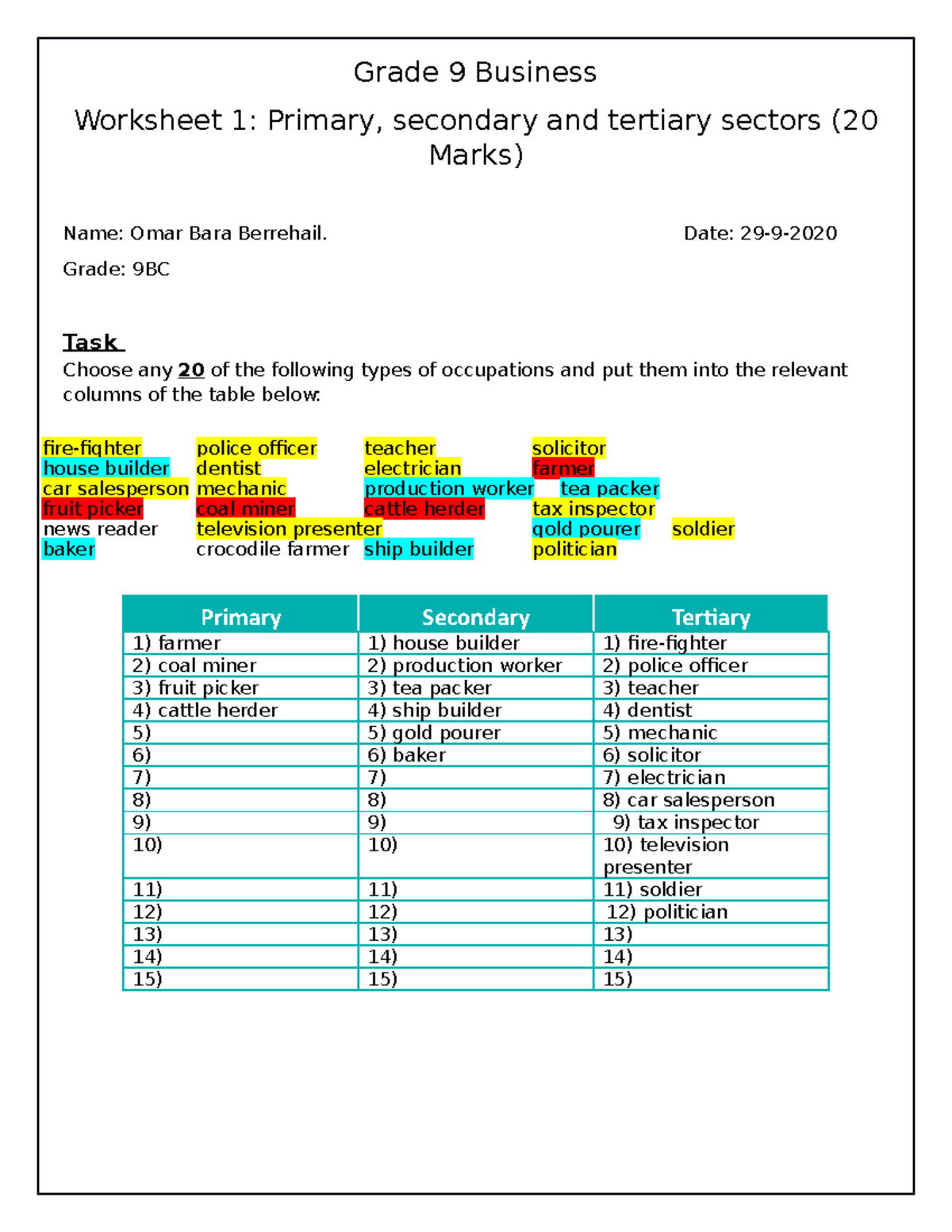Worksheet 1 - Primary, secondary and tertiary - Grade 9 Business ...