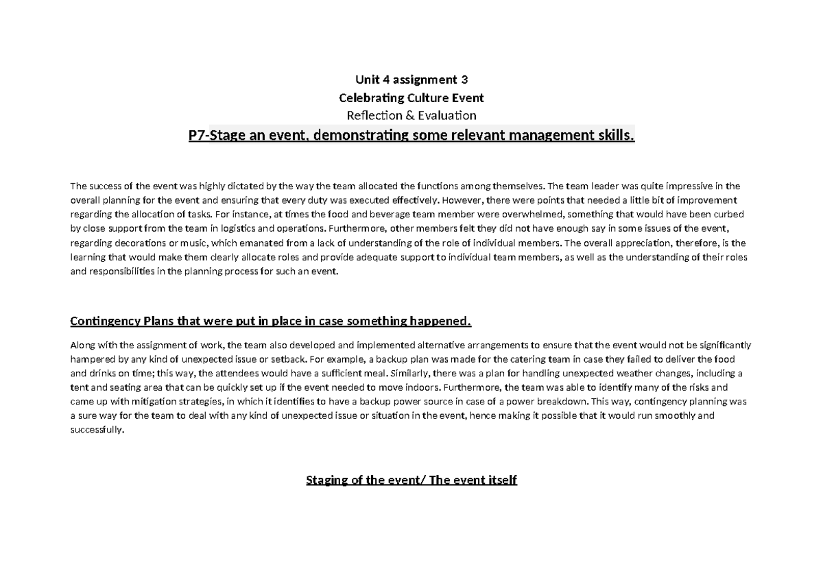 Unit 4 assignment 3 - Unit 4 assignment 3 Celebrating Culture Event Reflection & Evaluation ...