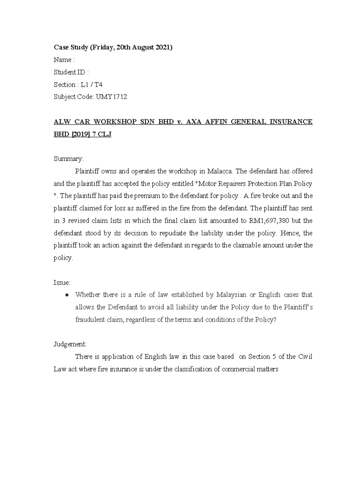 Case study - tutorial activity - Case Study (Friday, 20th August 2021 ...