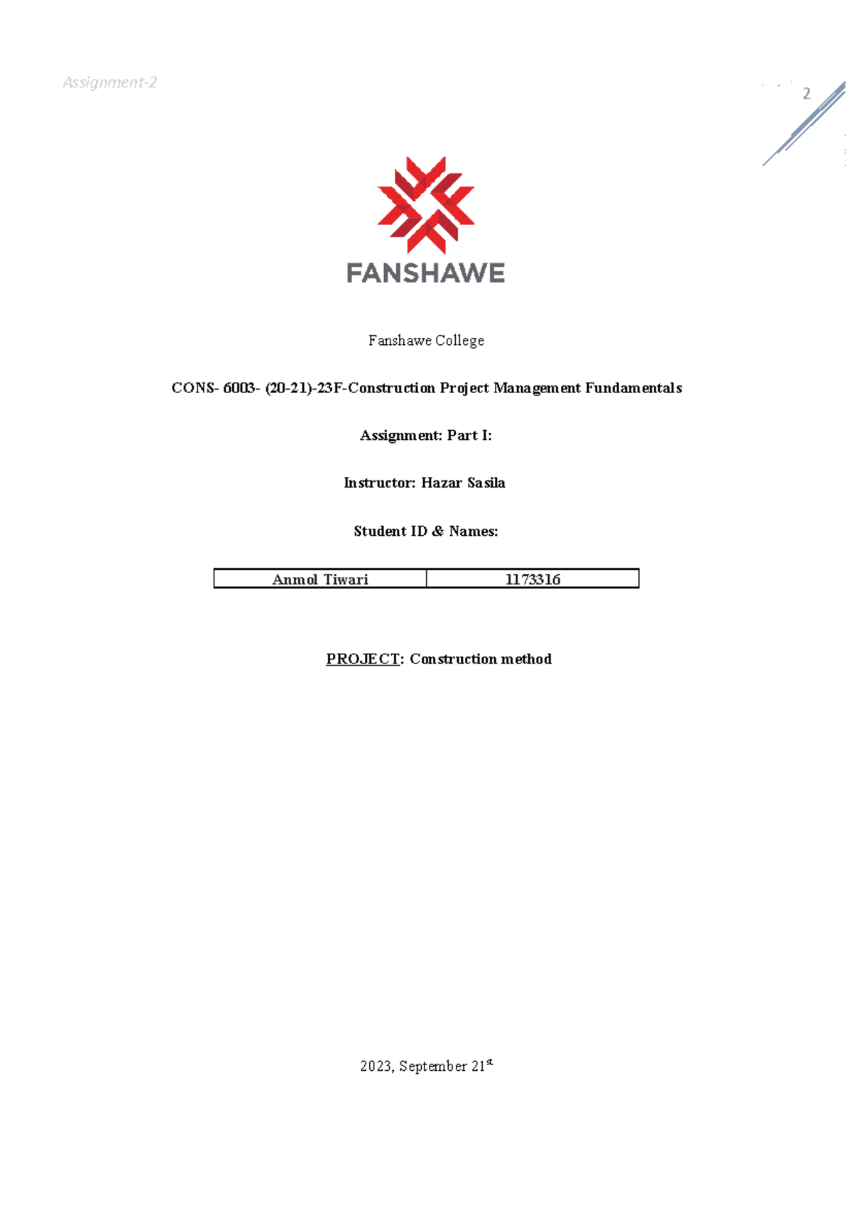 Assingment 2 Assignment 2 2 Assignment Fanshawe College Cons 6003 20 21 23f