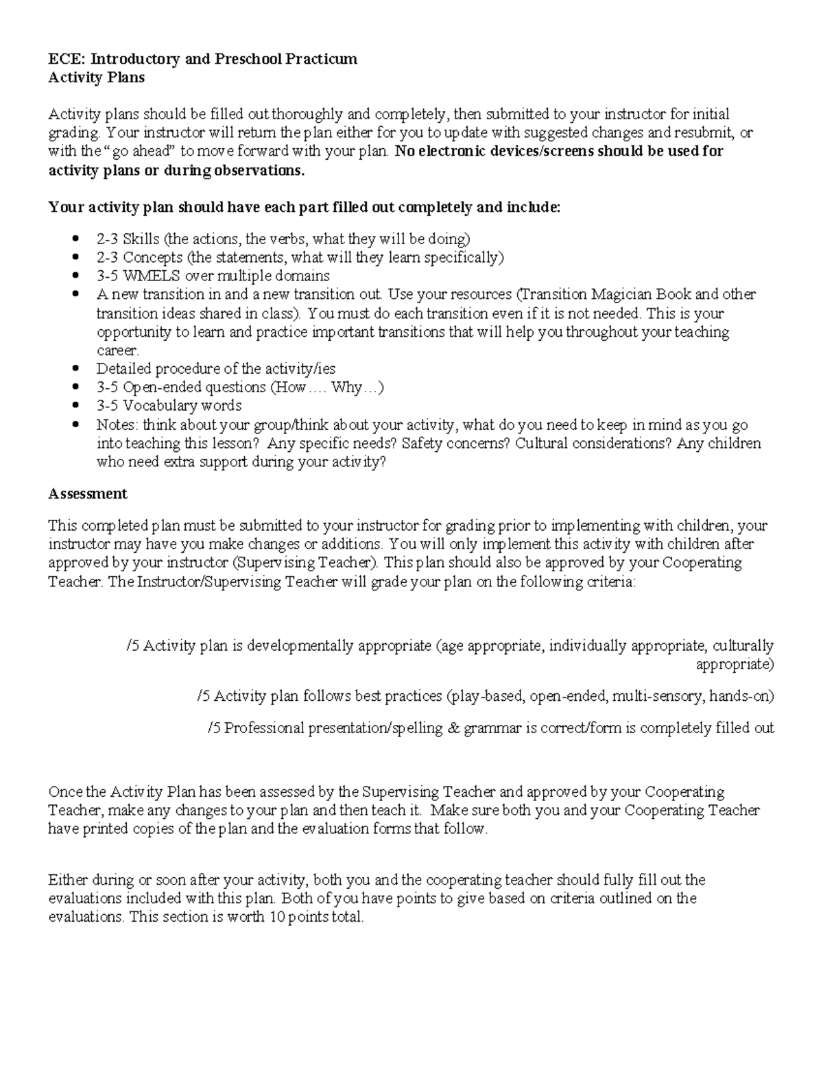 Activity Plan Assignment Sheet - ECE: Introductory and Preschool ...