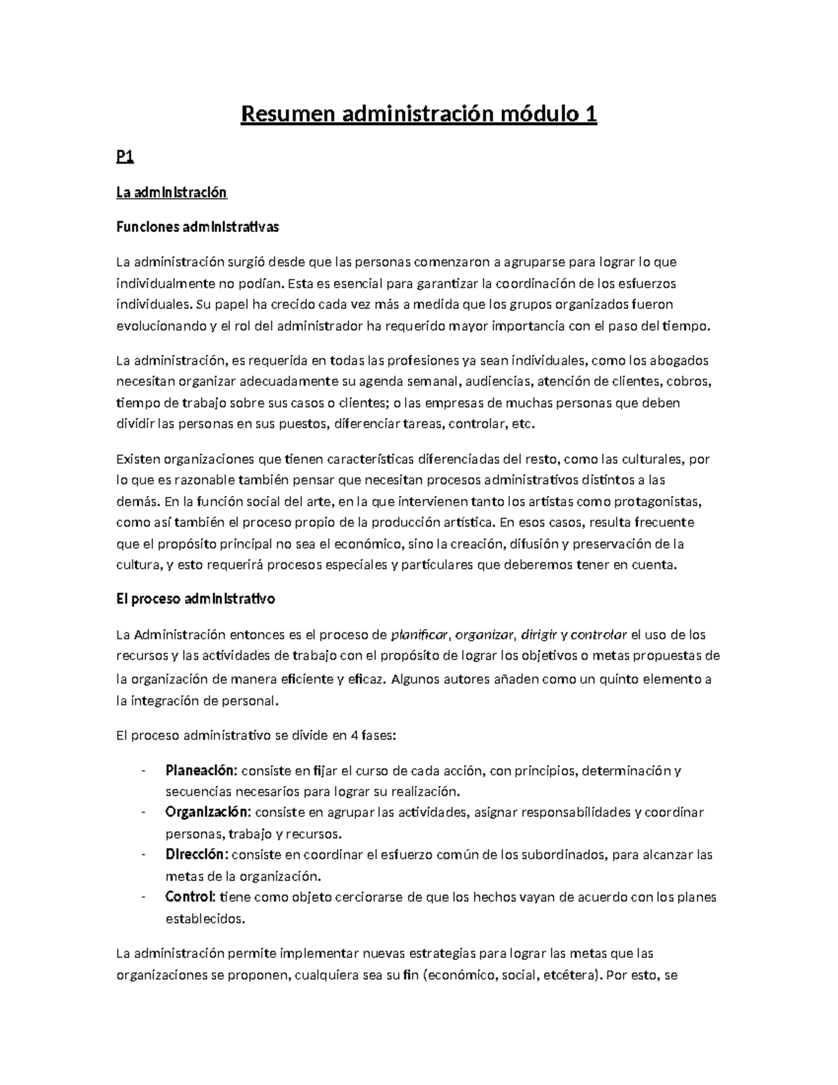 Resumen Administración módulo 1 - Resumen administración módulo 1 P La ...