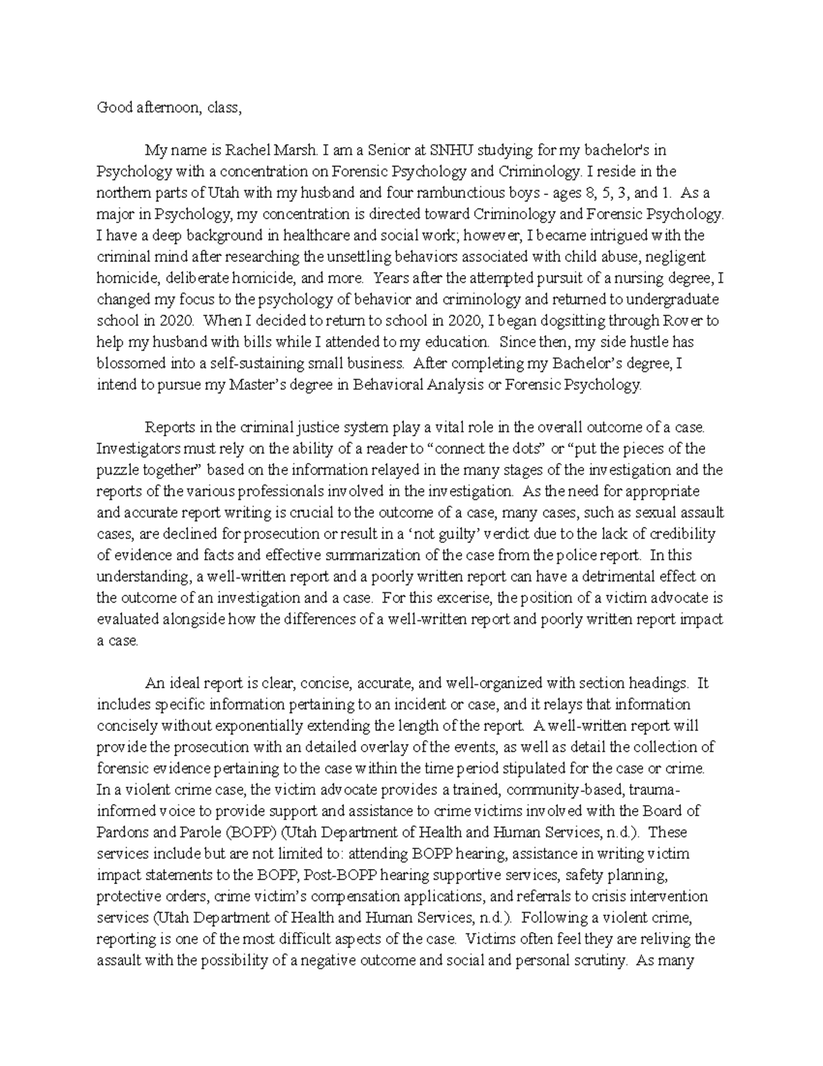 1-1 Discussion CJ 202 - Good afternoon, class, My name is Rachel Marsh ...