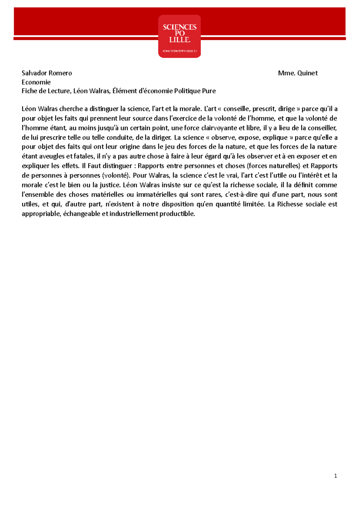 Fiche de lecture, Léon Walras, Elements d'economie politique pure ...