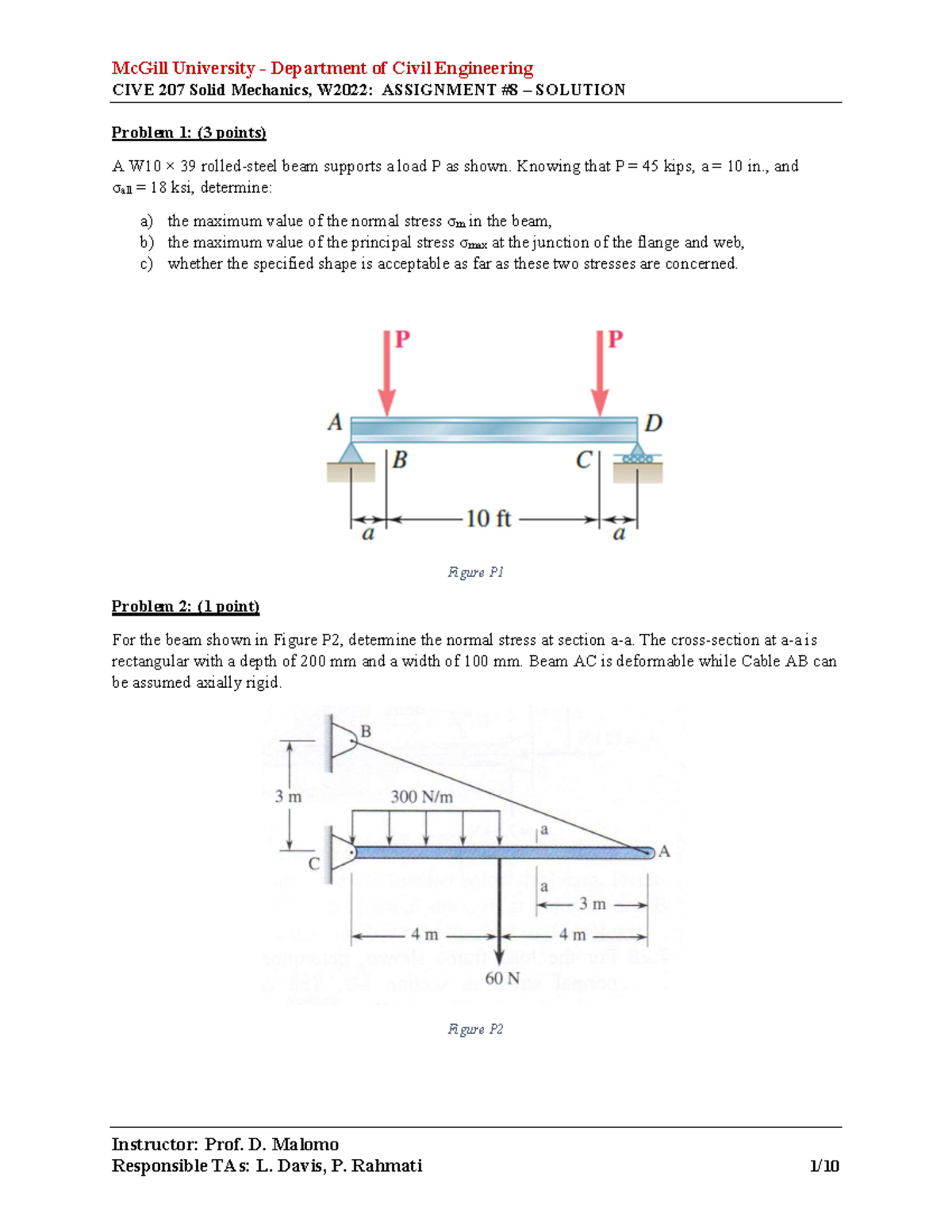 Assignment 8 Solution CIVE207 W22 - CIVE 207 Solid Mechanics, W2022: ASSIGNMENT #8 – SOLUTION ...