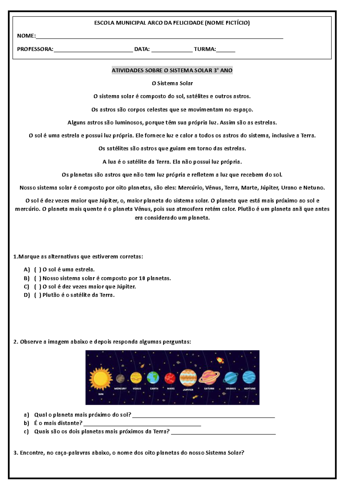 Sistema Solar Atividade 3 Ano - BINKEDU