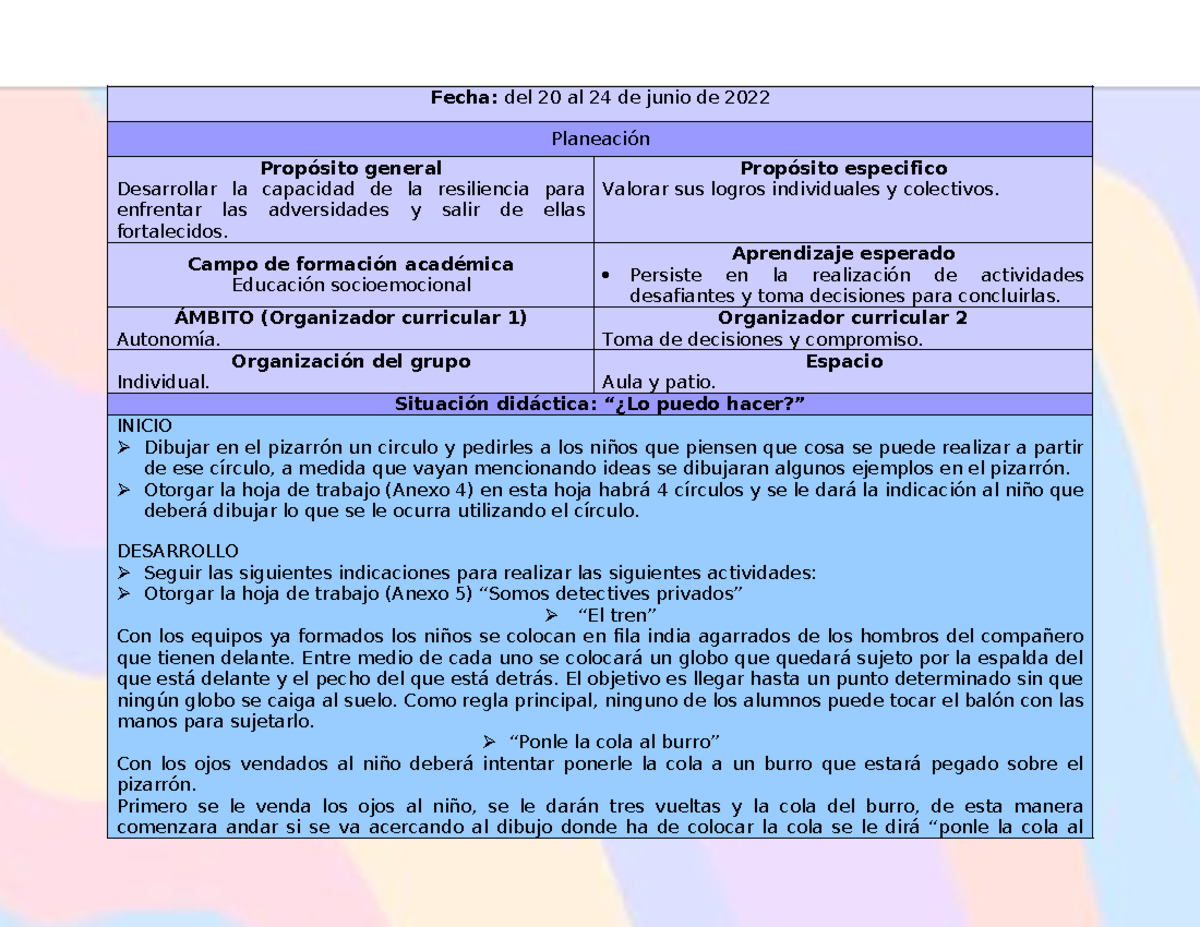 Planeación de Educación socioemocional - Fecha: del 20 al 24 de junio ...