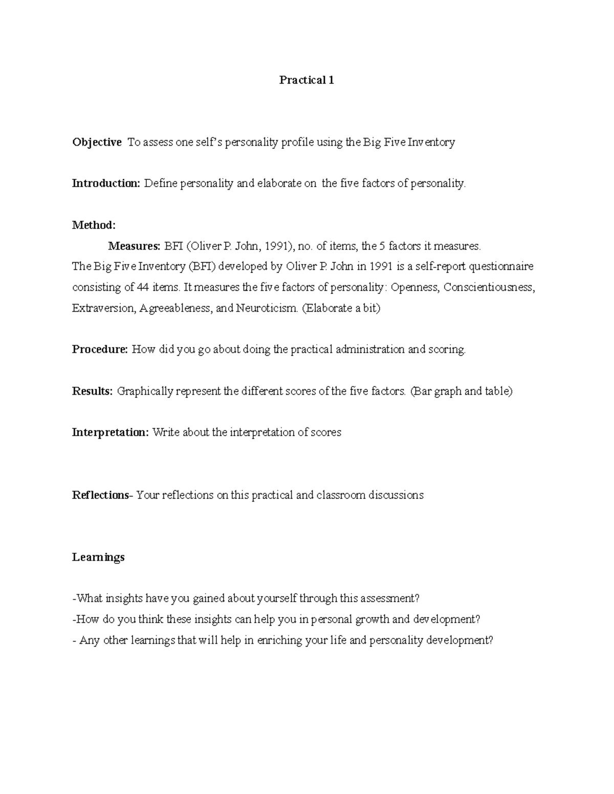 BFI Format( Prac- 1) - Yui - Practical 1 Objective To assess one self’s ...