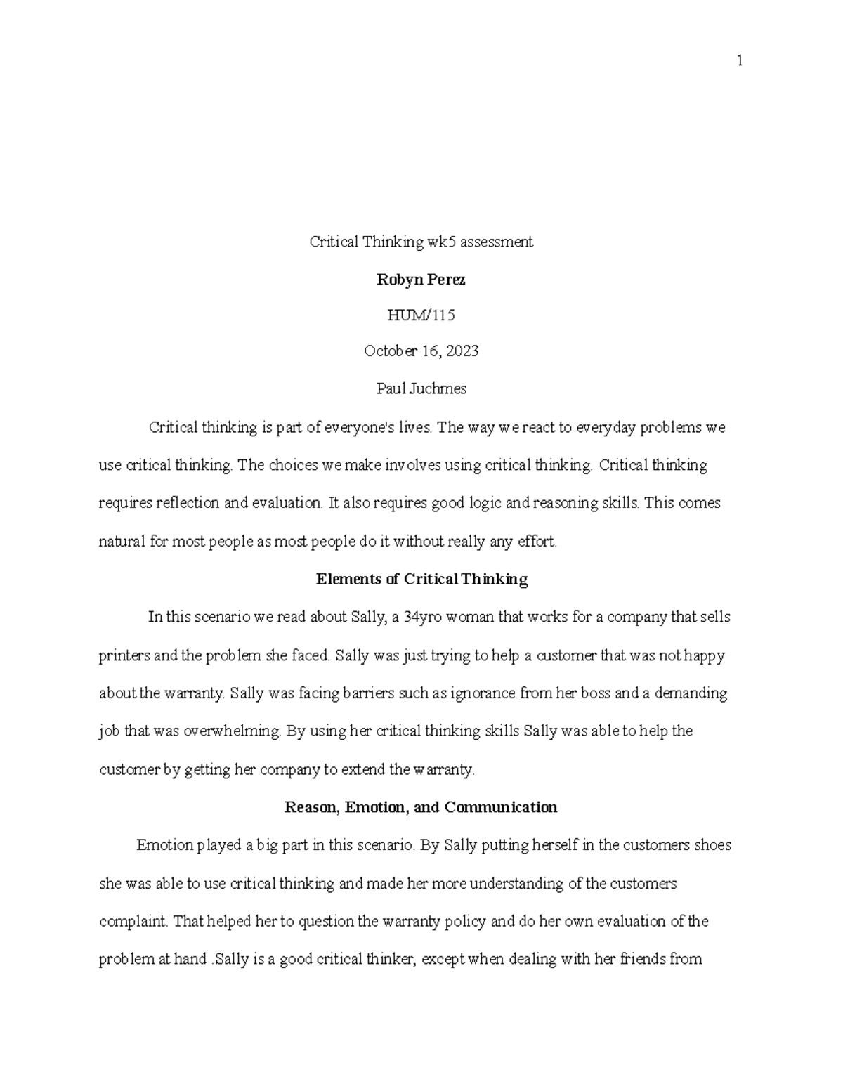 Hum115 v10 wk5 reflection template - 1 Critical Thinking wk5 assessment ...