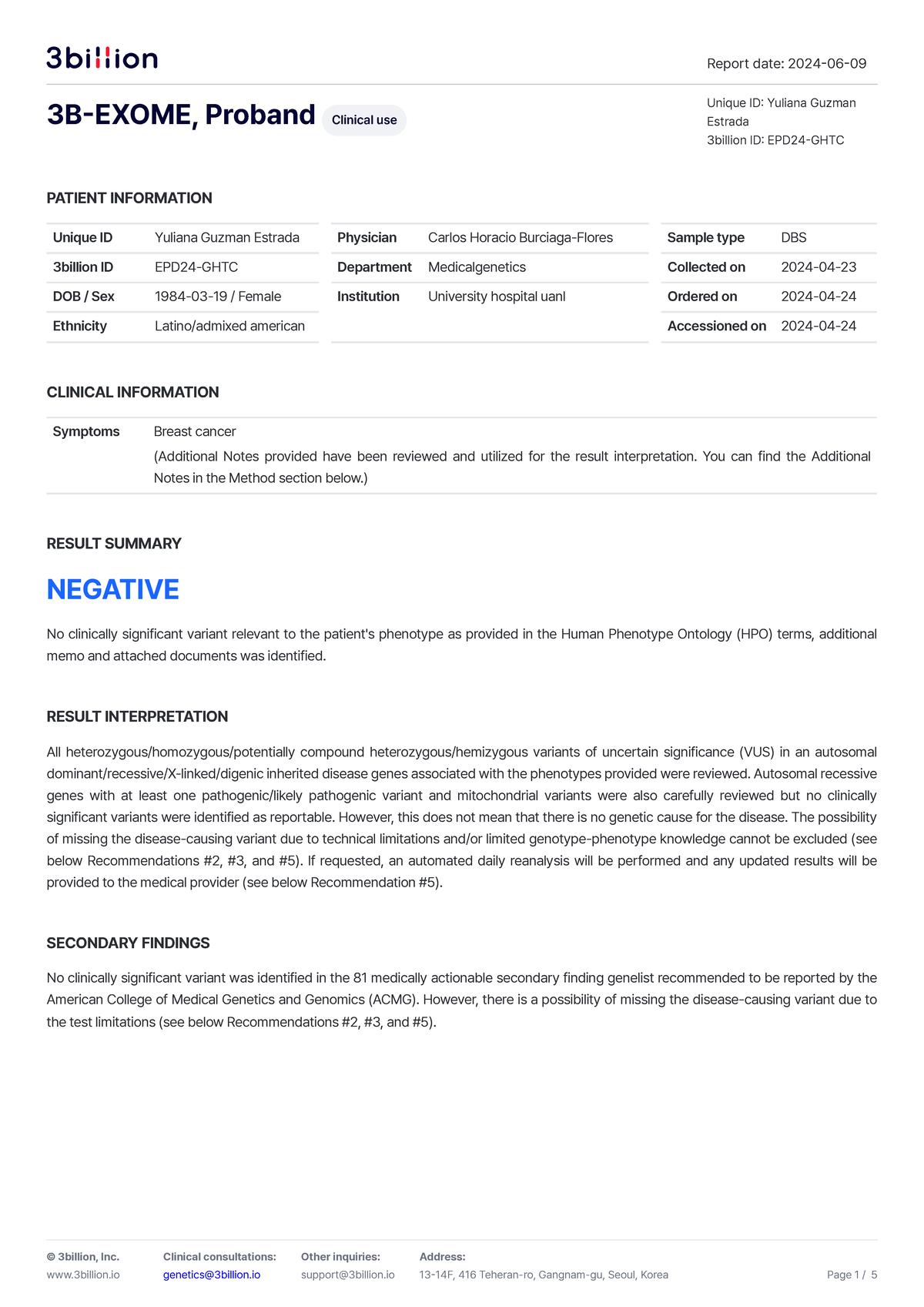 3billion report proband EPD24 GHTC - PATIENT INFORMATION Unique ID ...