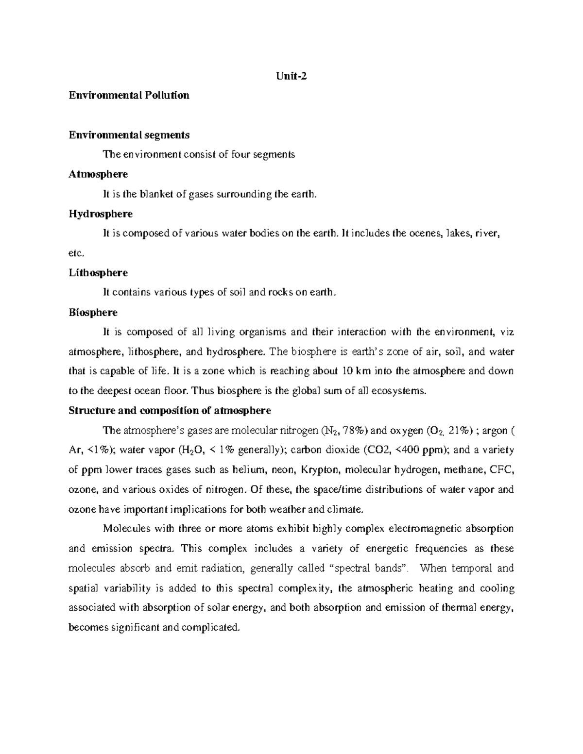 EVS notes 2-4 - Unit- Environmental Pollution Environmental segments ...