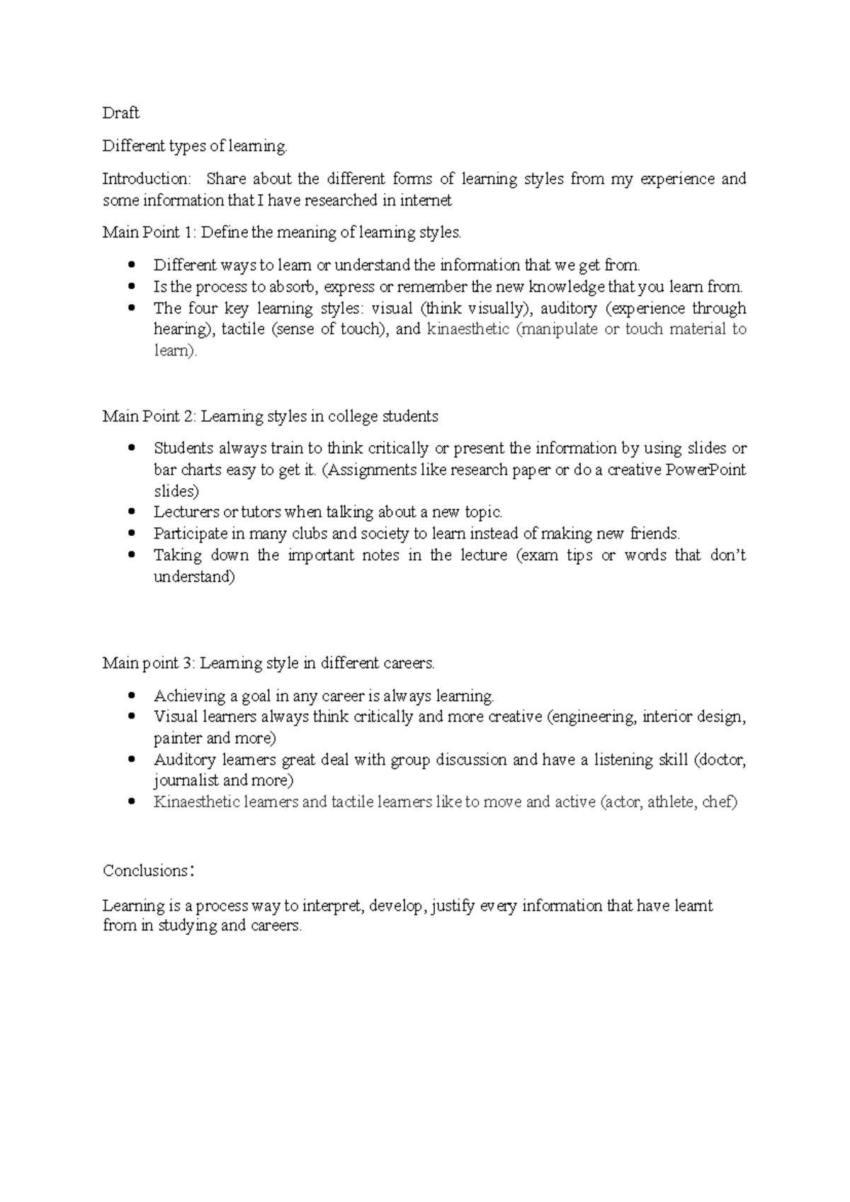 Idea assignment public speaking - Draft Different types of learning ...