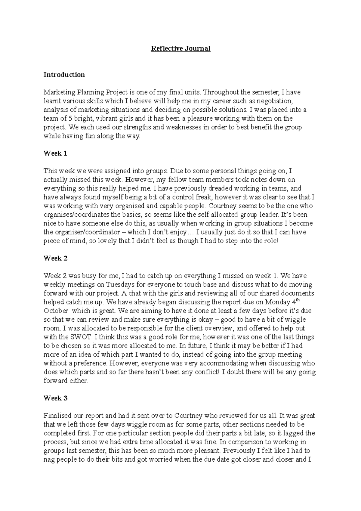 Reflective Journal - reflection - 200738 - UWS - Studocu