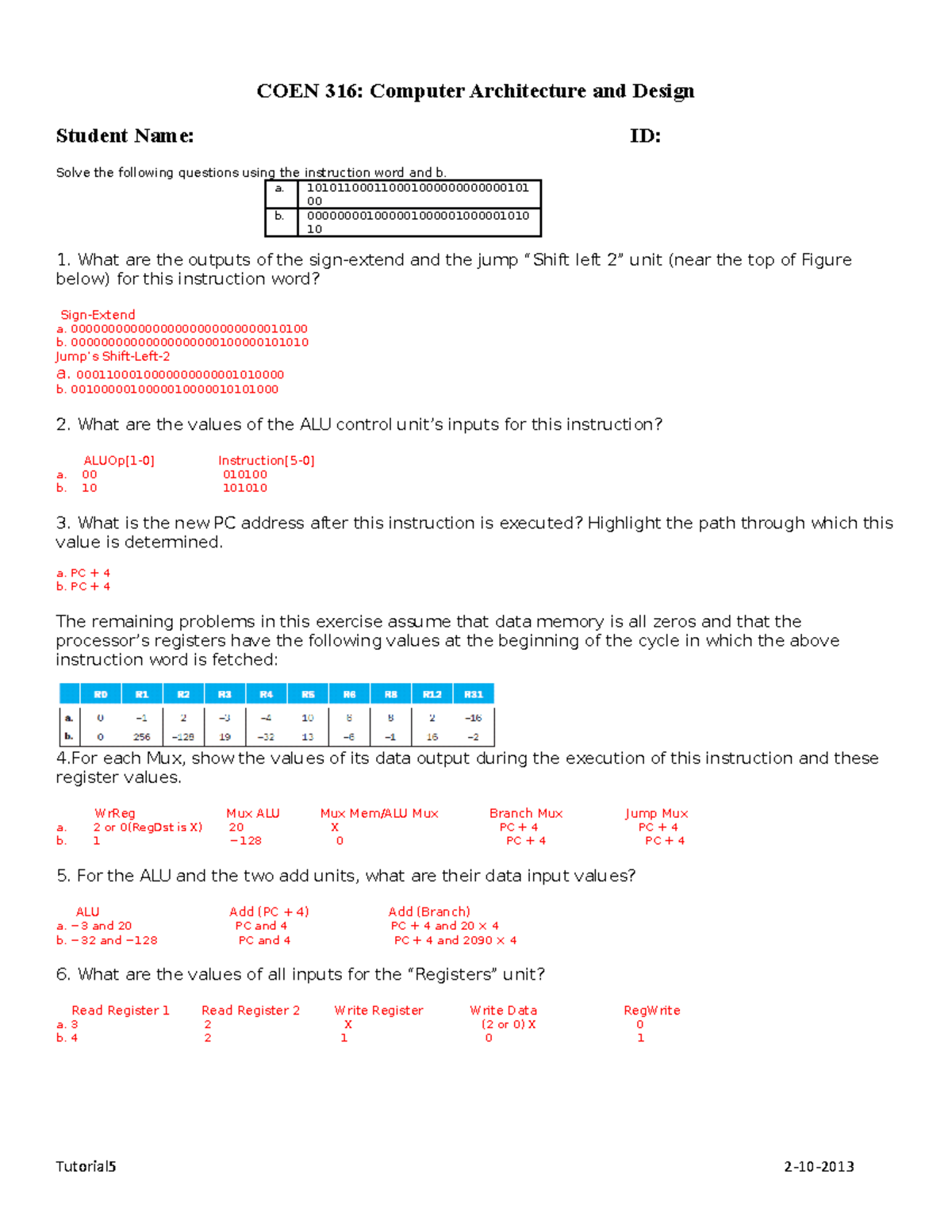 Tutorial work 5, Questions and answers - COEN 316: Computer Architecture and Design Student Name ...
