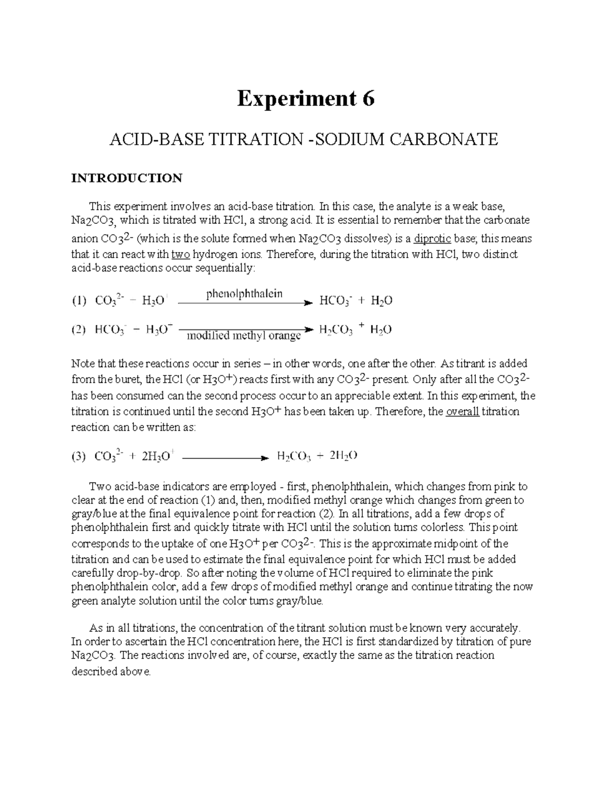 Chem 207 Exp 6 - experiment 6 lab worksheet - Experiment 6 ACID-BASE ...
