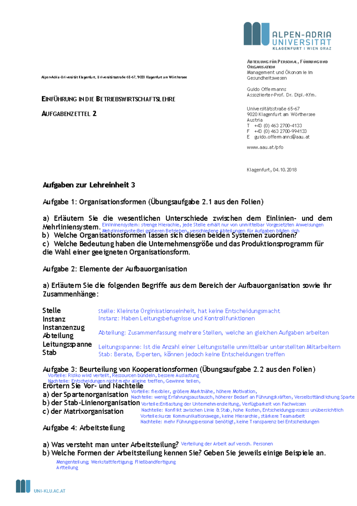 EF BWL Arbeitszettel 2 WS 18 19 - Alpen-Adria-Universität Klagenfurt ...