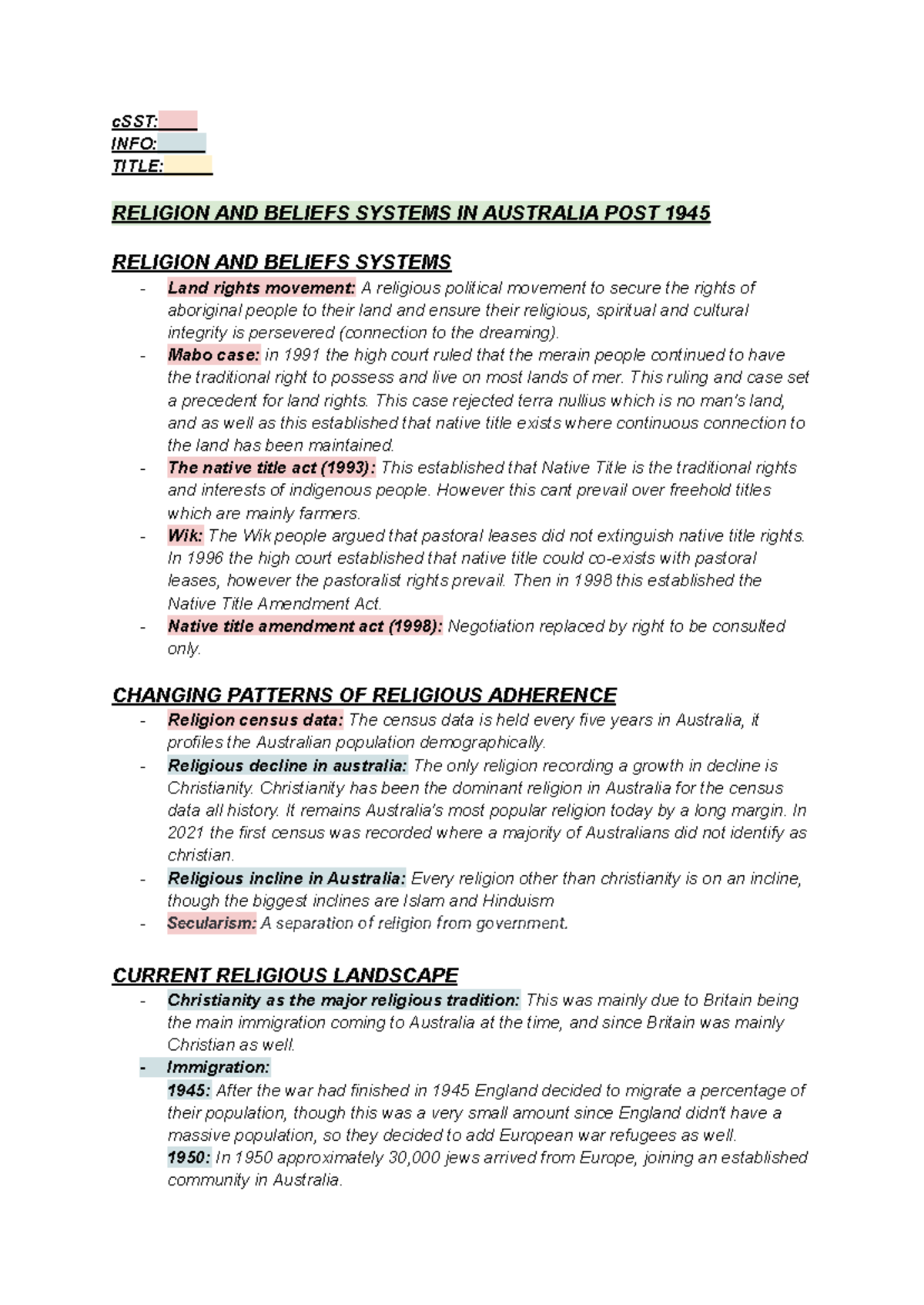 Year 12 religion study notes - cSST:____ INFO:_____ TITLE ...