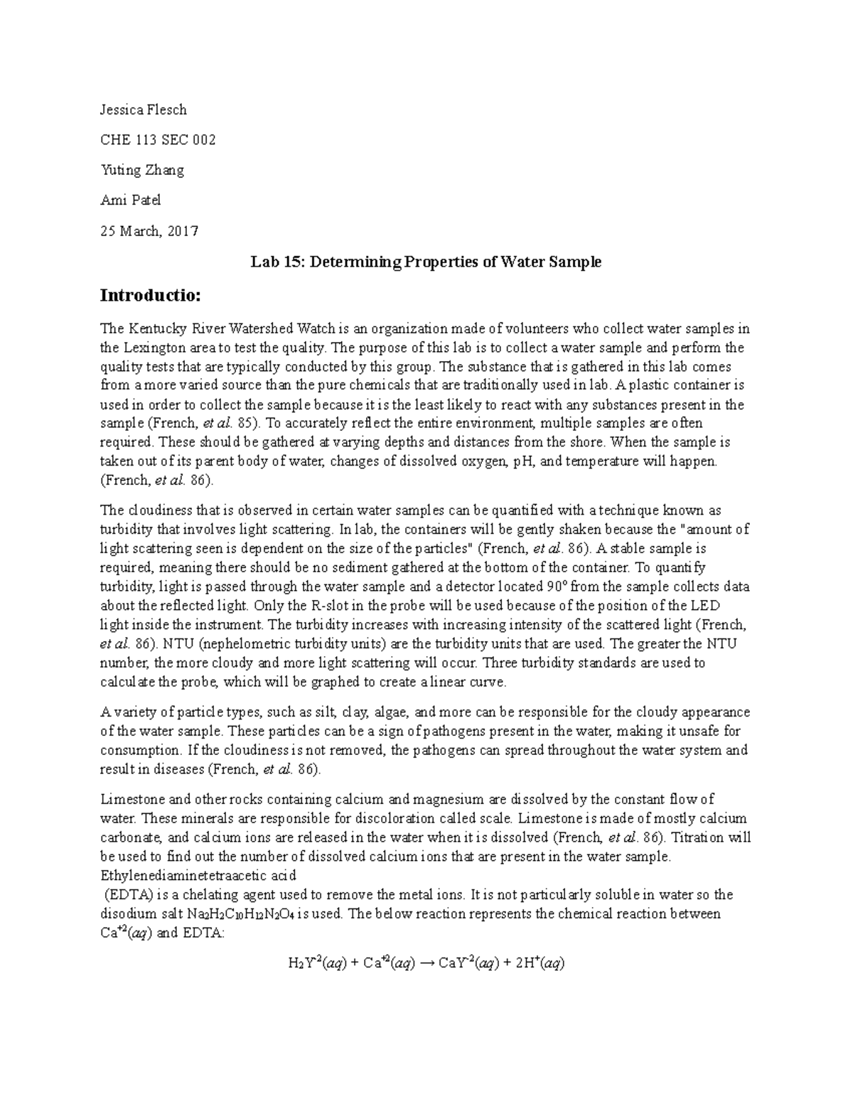 Experiment 15 Lab Report - Jessica Flesch CHE 113 SEC 002 Yuting Zhang ...