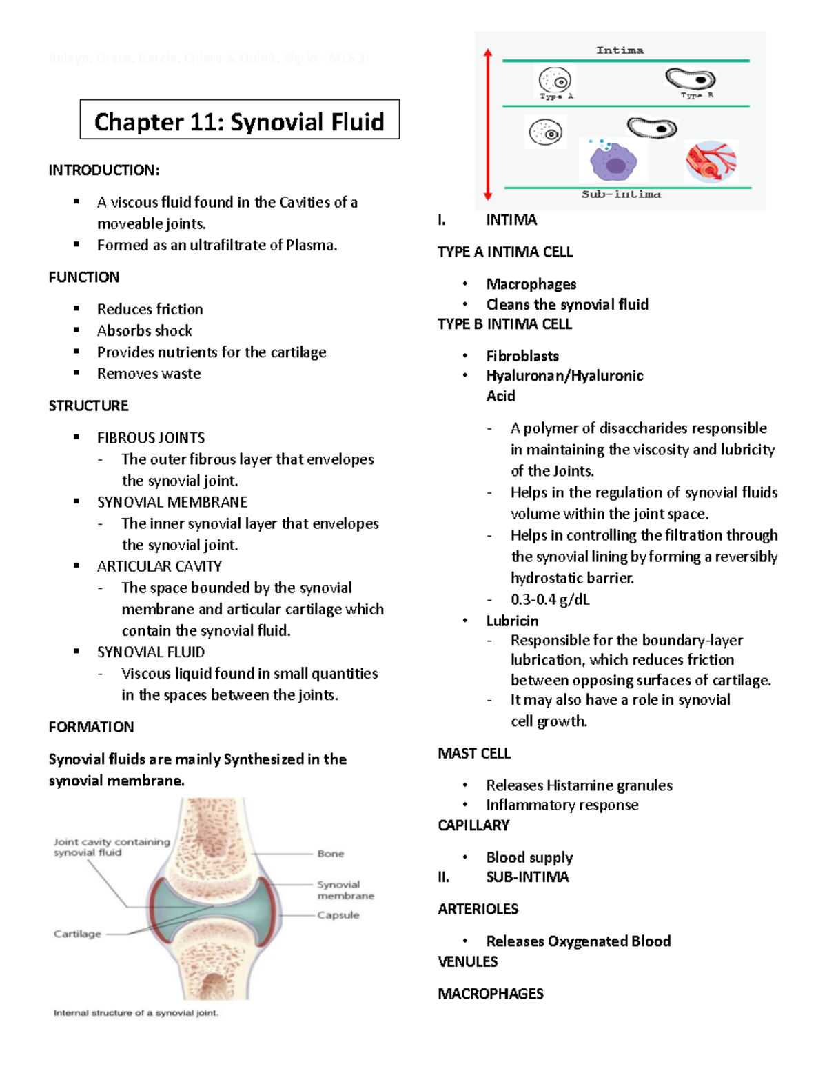 Synovial-Fluid-Notes - Belayo, Grace. Garcia, Chiara & Quinit, Sigrid ...