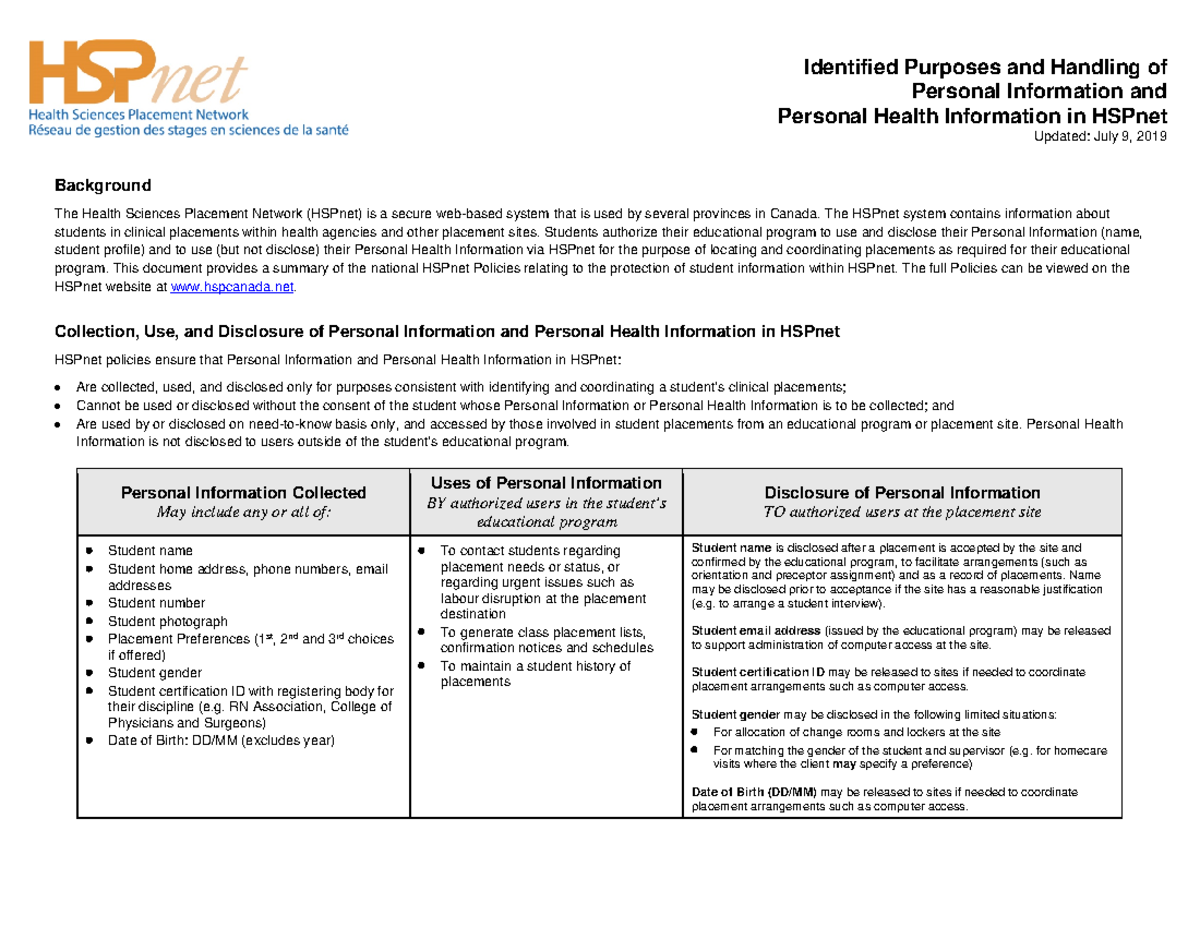 Hspnet identified purposes for consent - Identified Purposes and ...