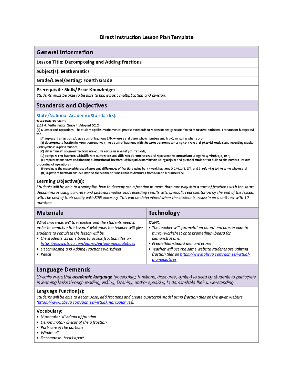 C109 Direct Instruction Lesson Plan Template copy - Direct Instrucon ...
