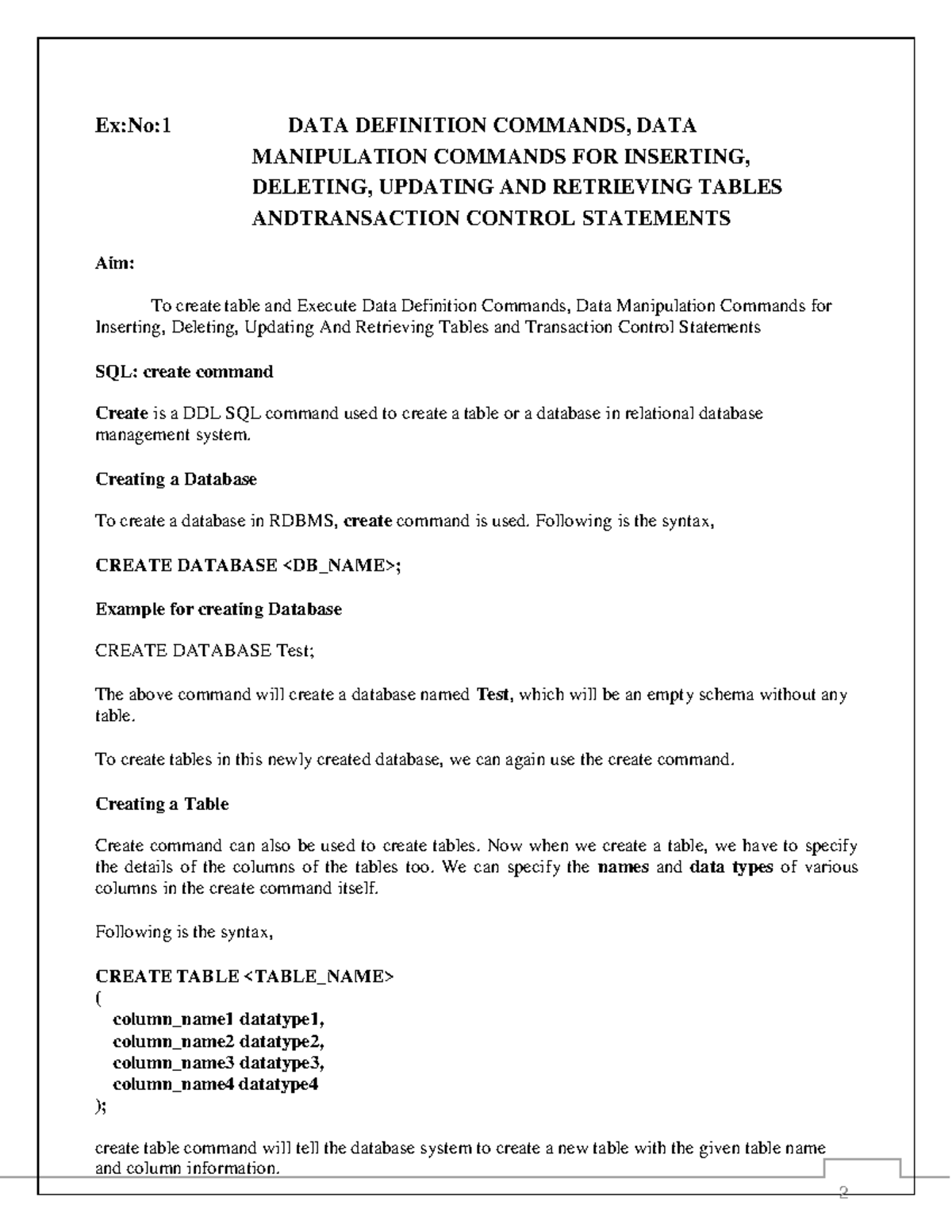 702600788 Cp4152 Data Practices Lab Manual 1 1 - Ex:No:1 DATA DEFINITION COMMANDS, DATA ...