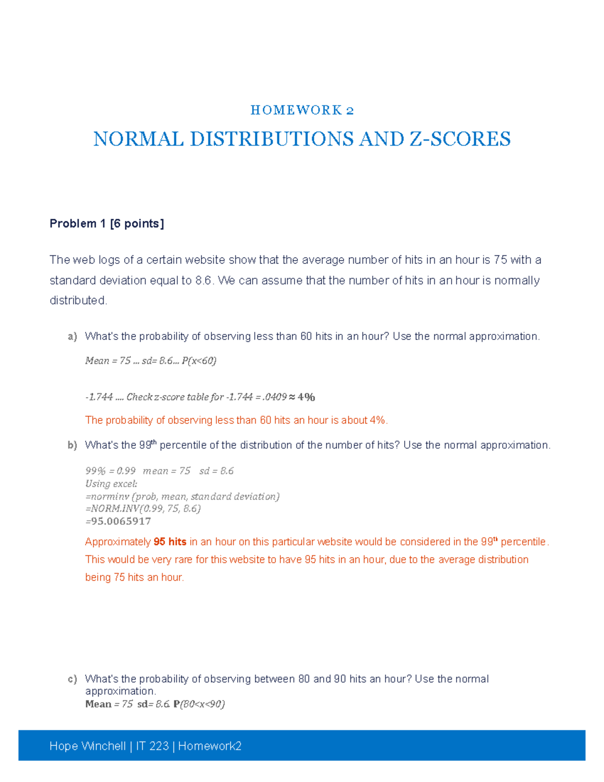 IT223 Homework 2 - HOMEWORK 2 NORMAL DISTRIBUTIONS AND Z-SCORES Problem ...