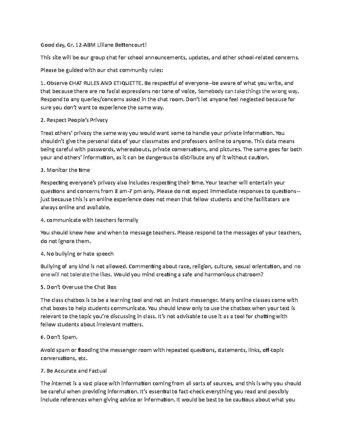 CHAT Rules AND Etiquette - Good day, Gr. 12-ABM Liliane Bettencourt ...