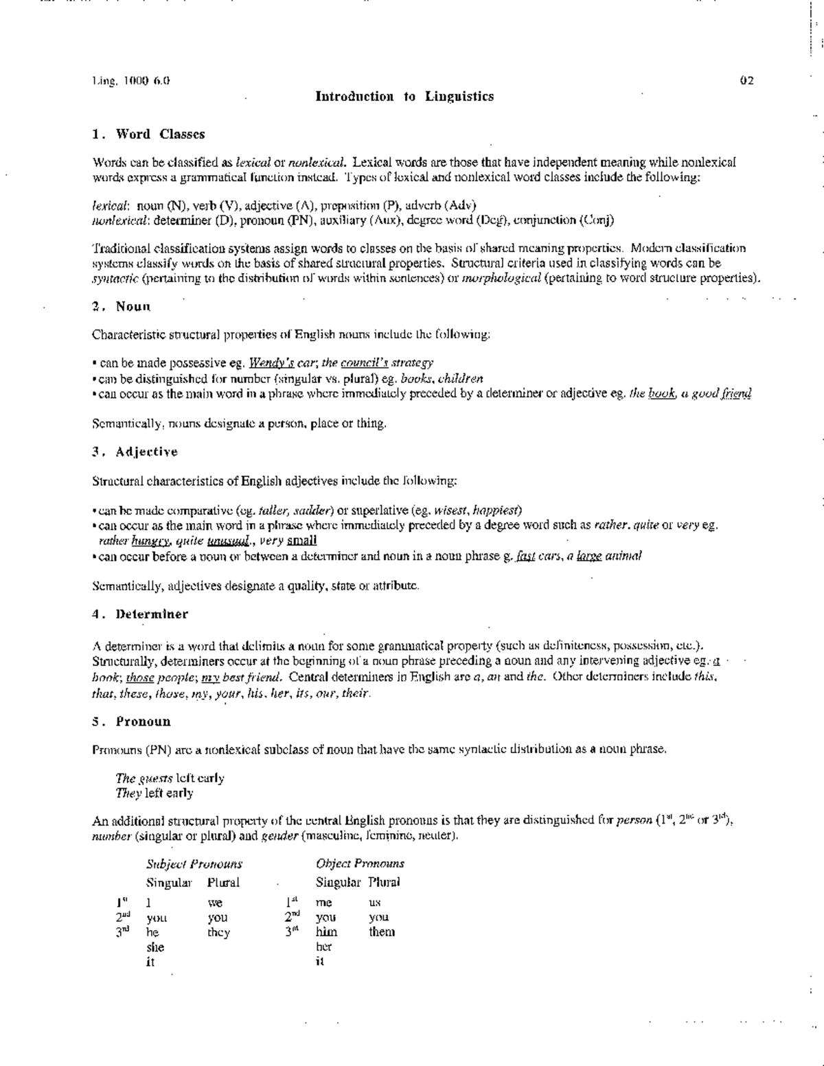 Summary Handout 02 - Ling. 1000 6 02 Introduction to Linguistics 1. Word Classes Words can be ...