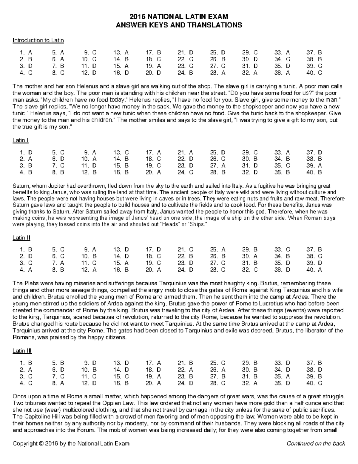 2016 National Latin Exam Answer Keys and Translations rev - 2016 ...