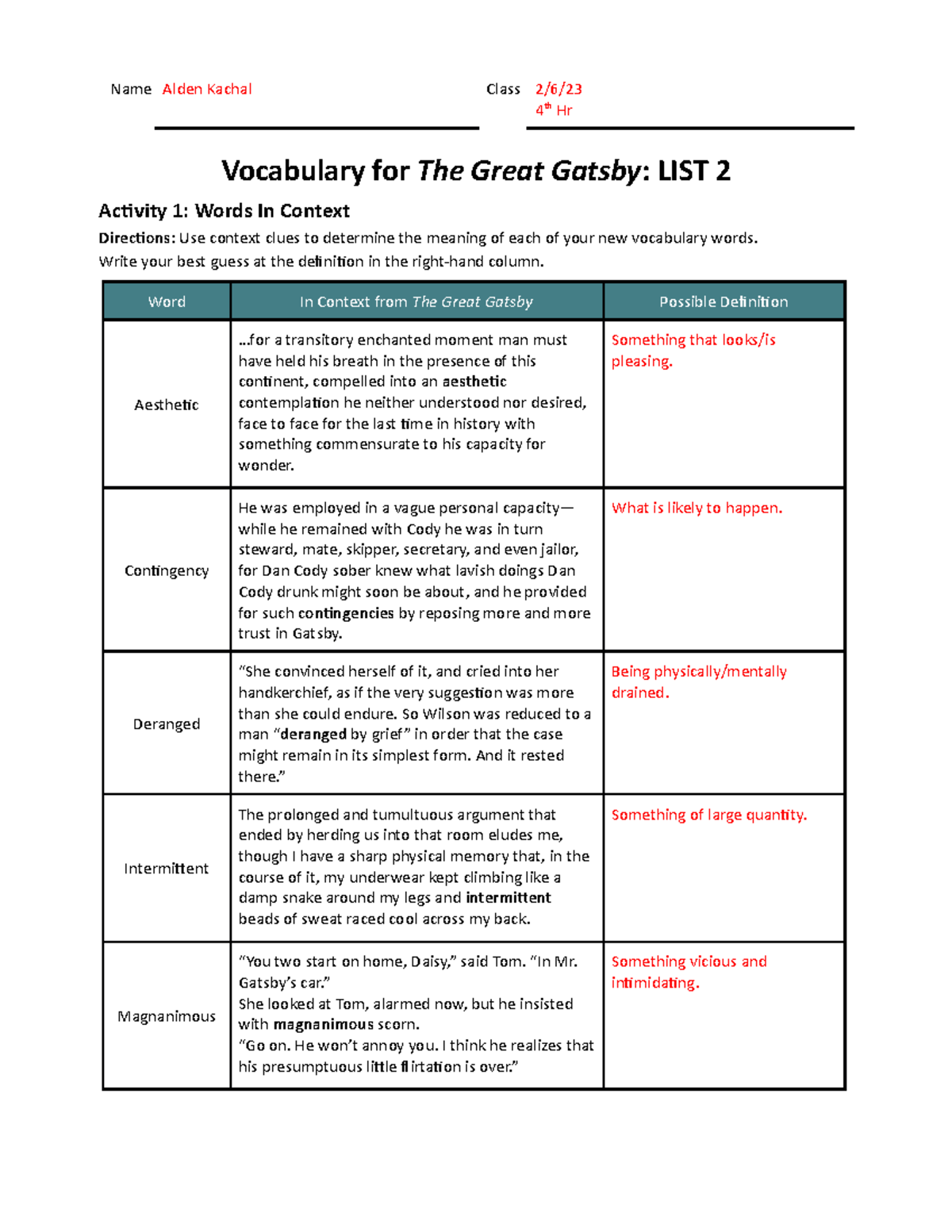 Gatsby Vocab List 2 Activity 1 Words In Context - Name Alden Kachal ...