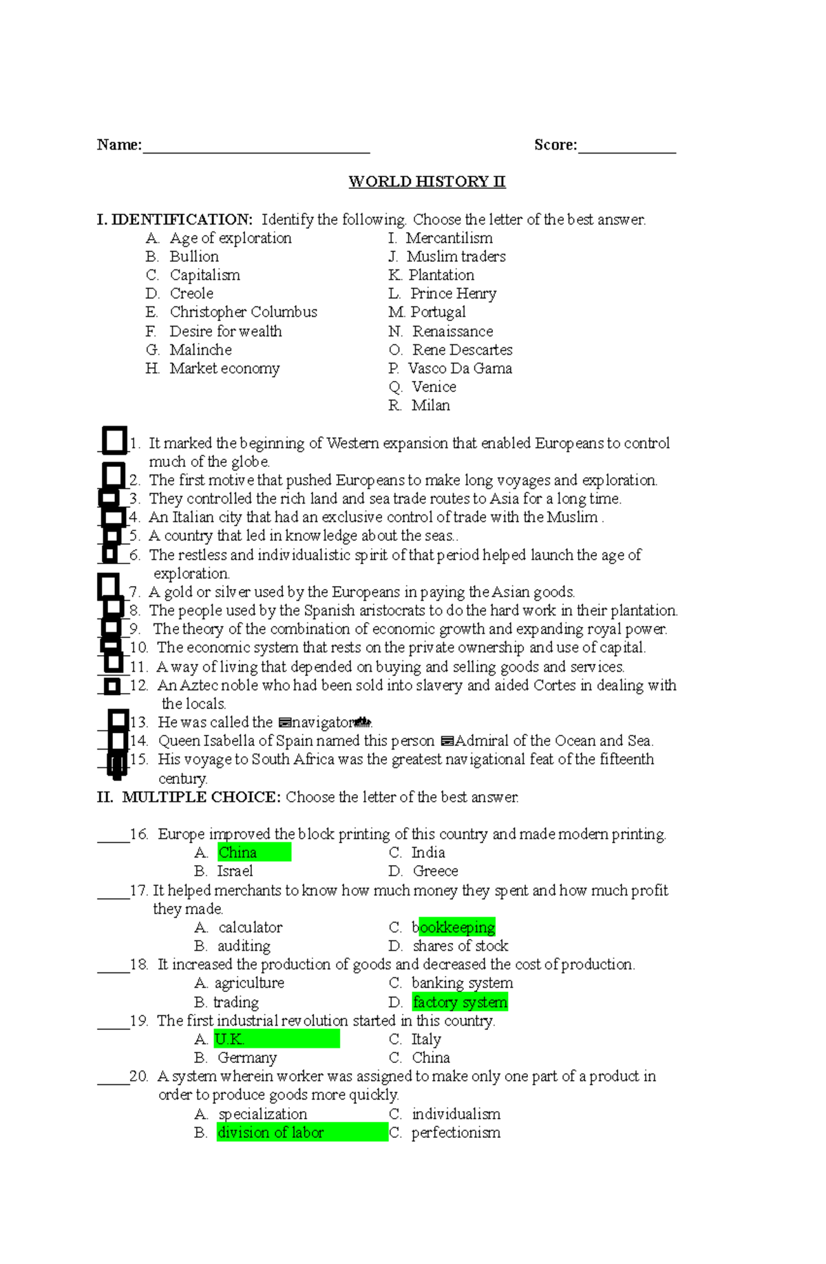 Exercises World History 2 - Name:____________________________ Score ...
