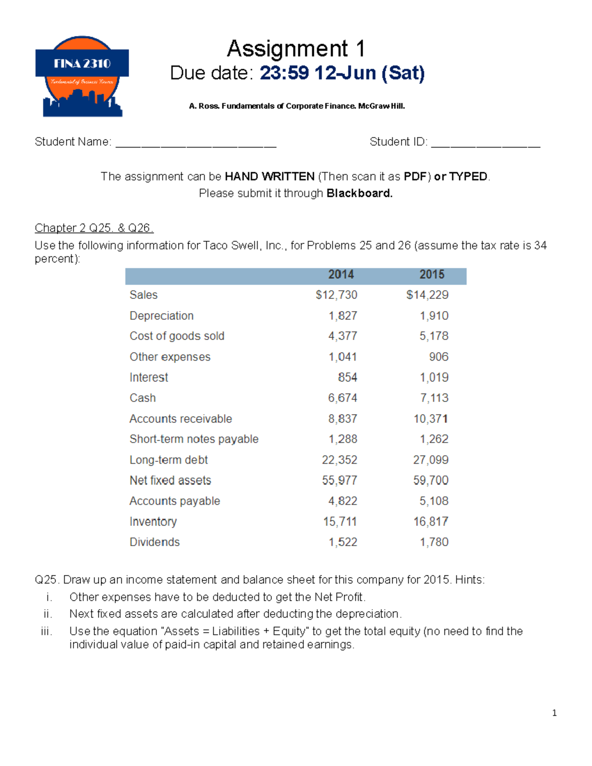 2310 Assignment 1(2) - Assignment 1 Due date: 23:59 12-Jun (Sat) A ...