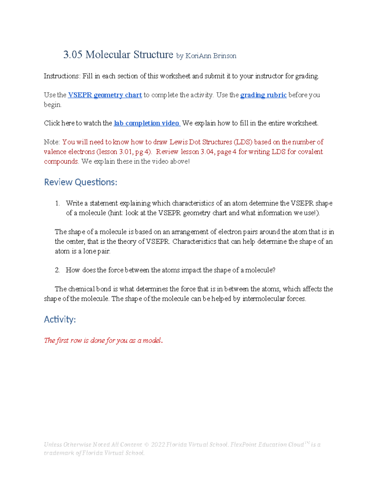 Copy Of 3 05 Molecular Structure Worksheet 3 Molecular Structure By