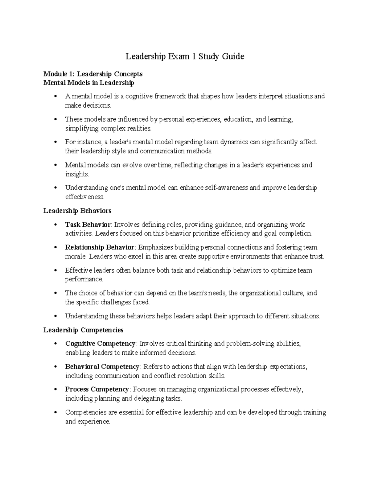 Leadership Exam 1 - Study Guide Exam 1 - Leadership Exam 1 Study Guide ...