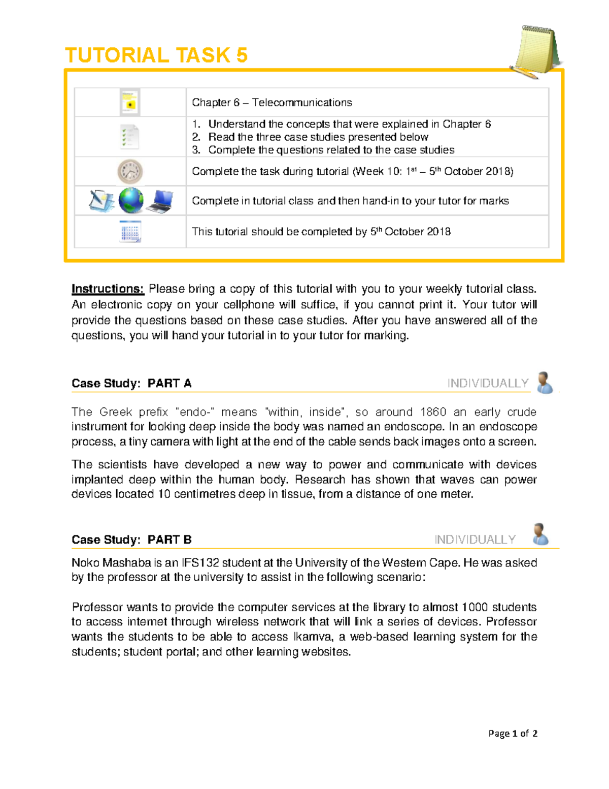 Week 10 - Tutorial 5 - IFS132- 2018 Upload - TUTORIAL TASK 5 Chapter 6 – Telecommunications 1 ...