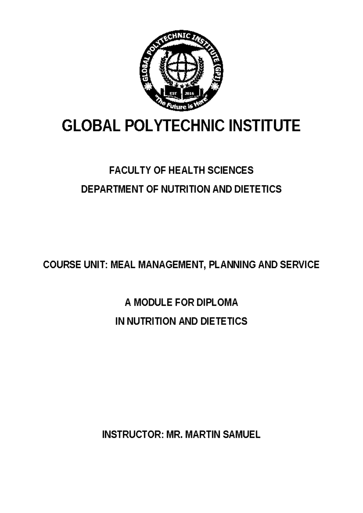 Meal Management - Lecture Module for Diploma students - GLOBAL ...
