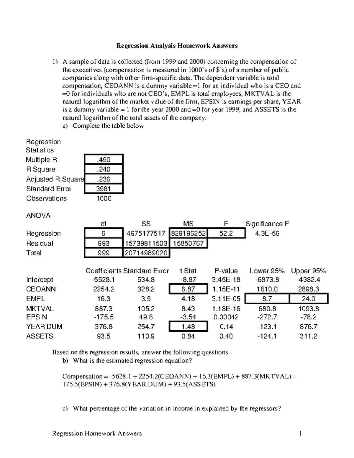 Regression homework answers - Regression Analysis Homework Answers A ...