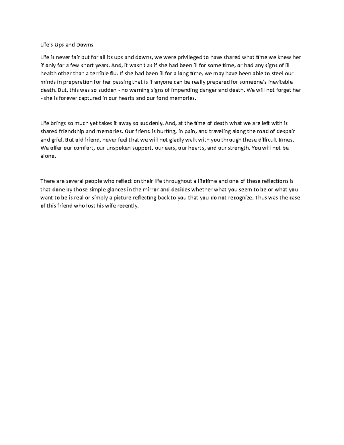 Reflection about life - Activity - Life's Ups and Downs Life is never ...