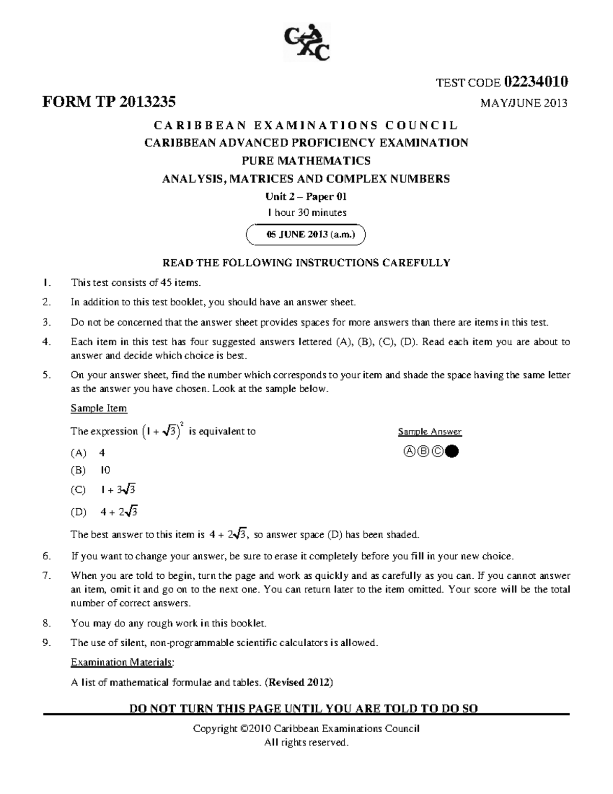 June 2013 CAPE Pure Mathematics U2 P1 - TEST CODE 02234010 FORM TP ...