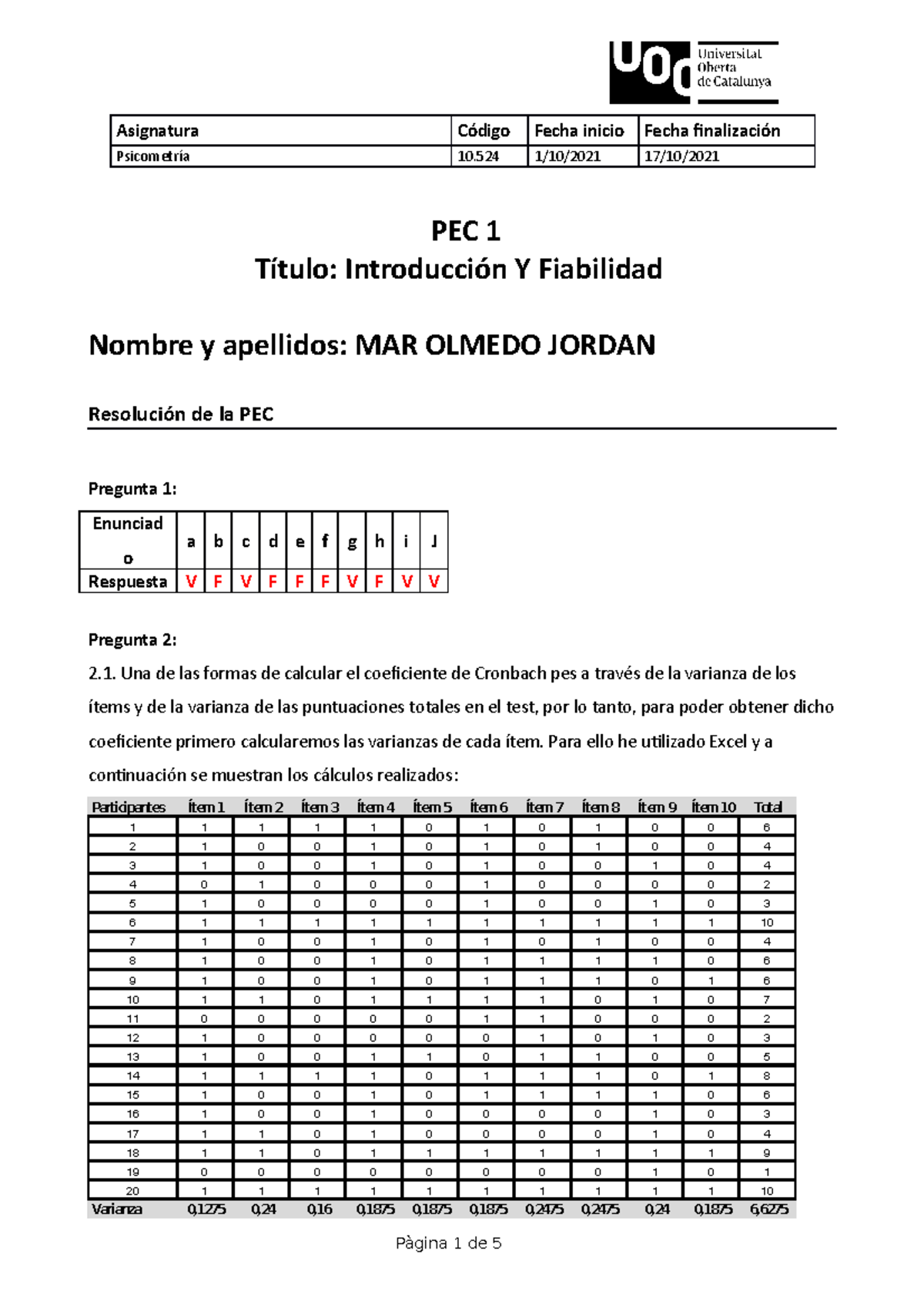PEC1 Respuestas - nota A - Psicometría 10 1/10/2021 17/10/ PEC 1 Título: Introducción Y ...